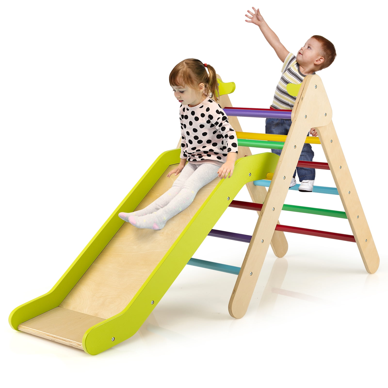 2-in-1 Wooden Triangle Climber Set with Gradient Adjustable Slide ...