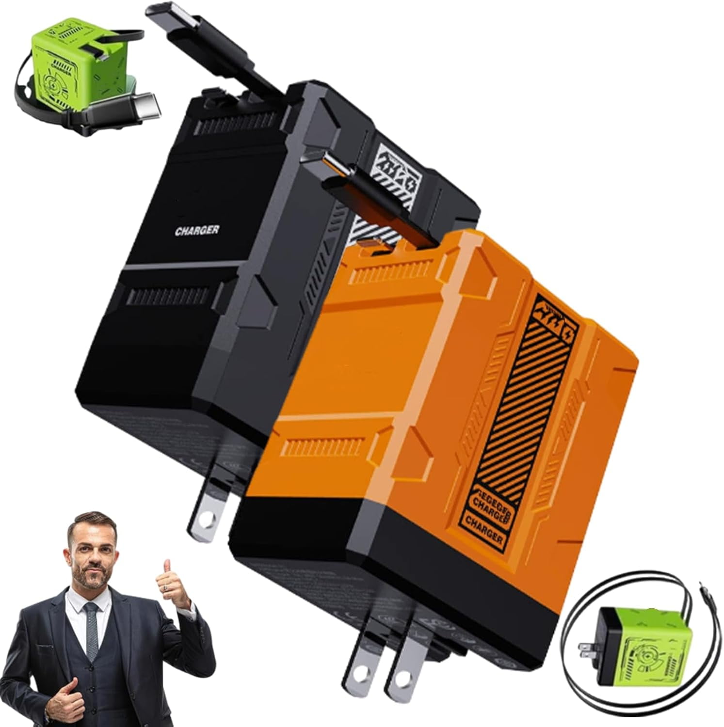 A 2-in-1 charger with a retractable cable, featuring an extendable 120W ...