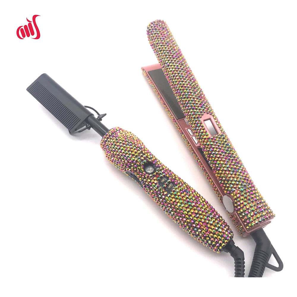 2 in 1 comb straightener set for wigs pink bling crystal flat Irons ...