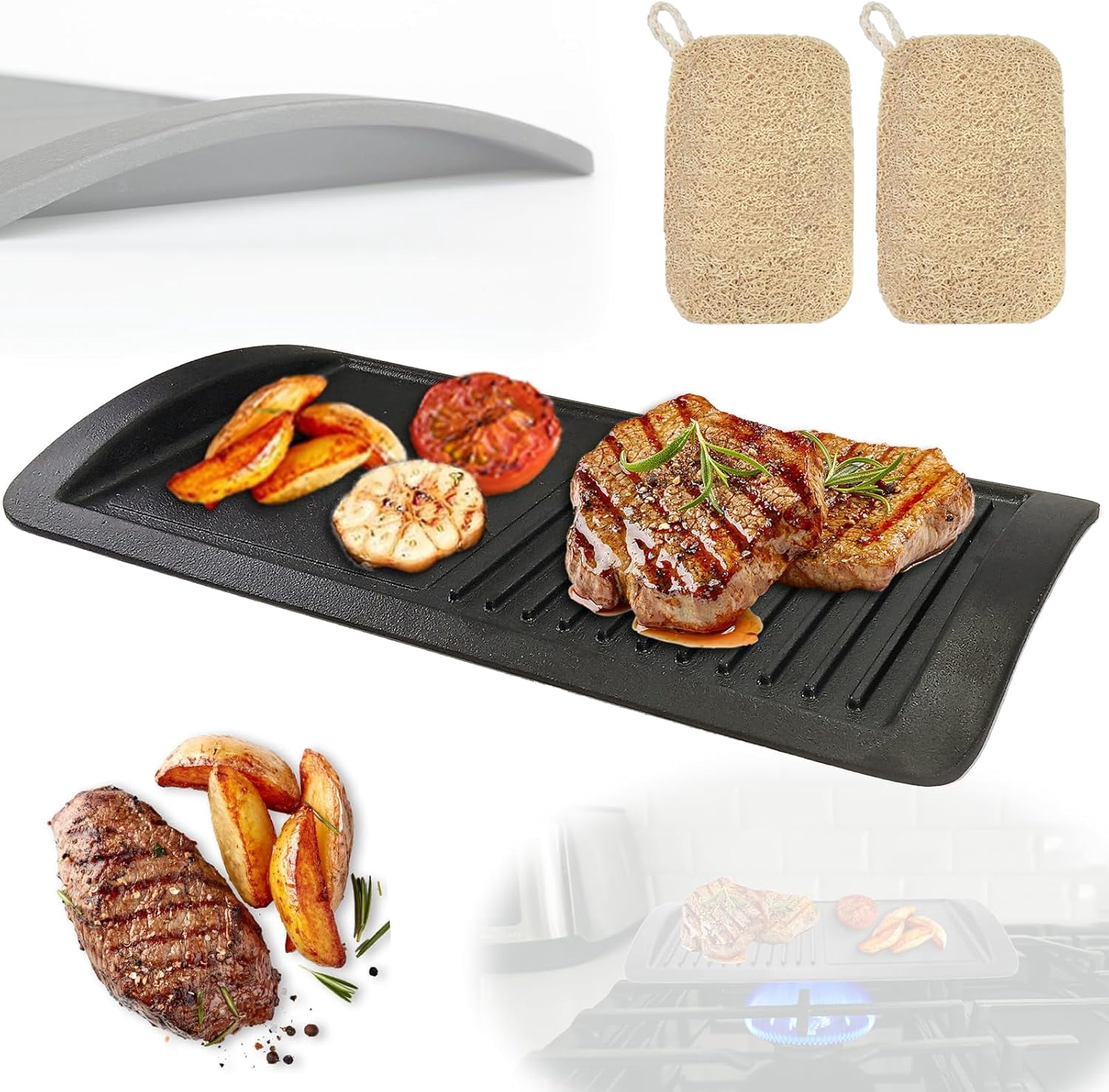 This 2-in-1 rectangular cast iron baking pan features both a flat ...