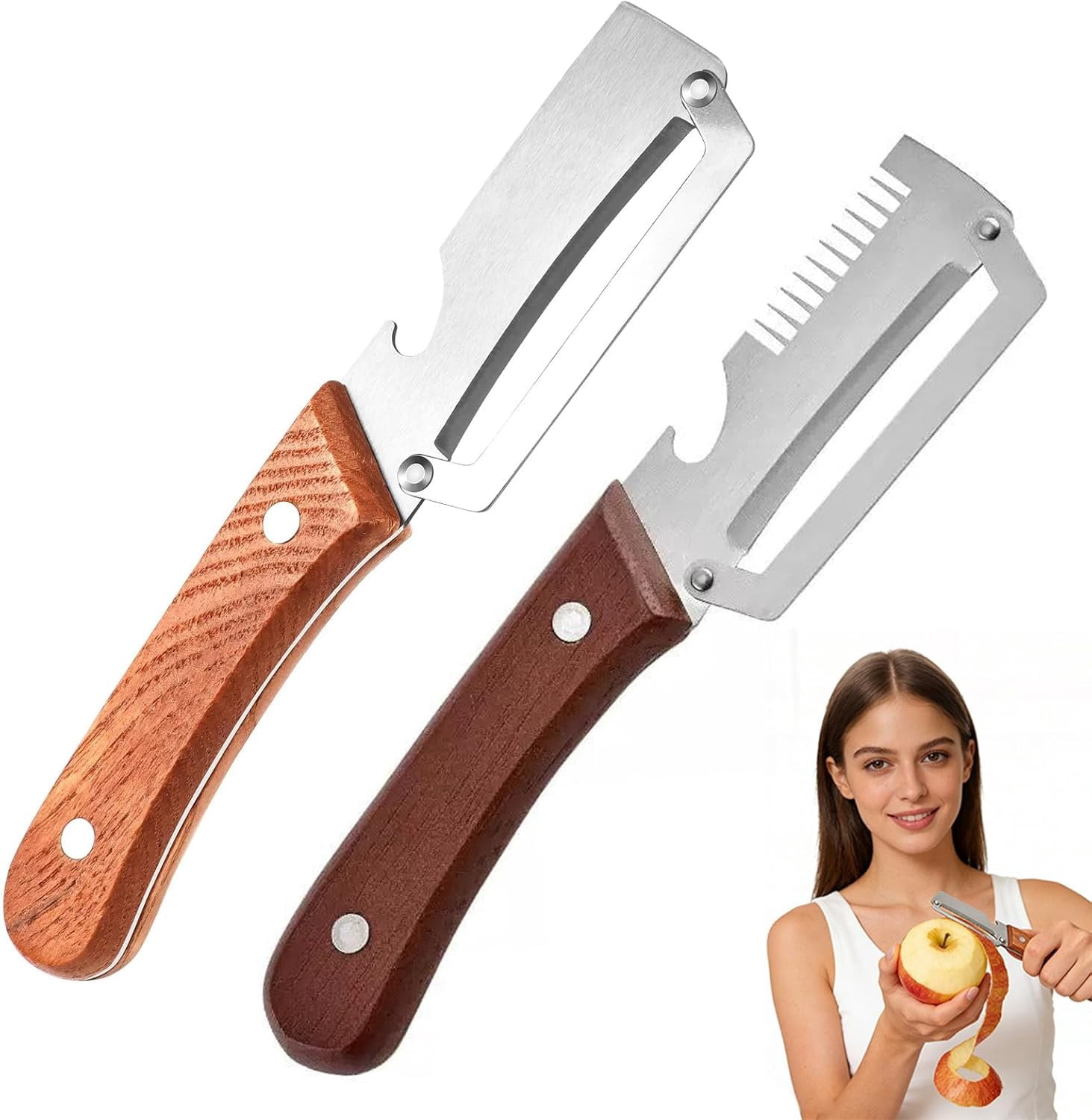 2-in-1 stainless steel vegetable peeler with wooden handle and bottle ...