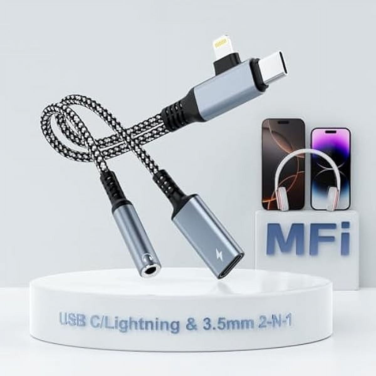 2 in-2 Lightning USBC to 3.5mm Headphone and Charger Adapter, [MFi ...