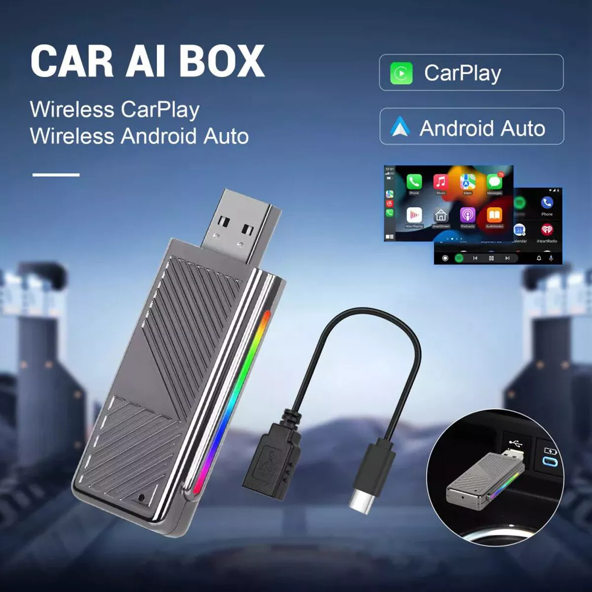2 in1 Wireless Apple CarPlay adapter/Wireless Android Auto Adapter USB ...