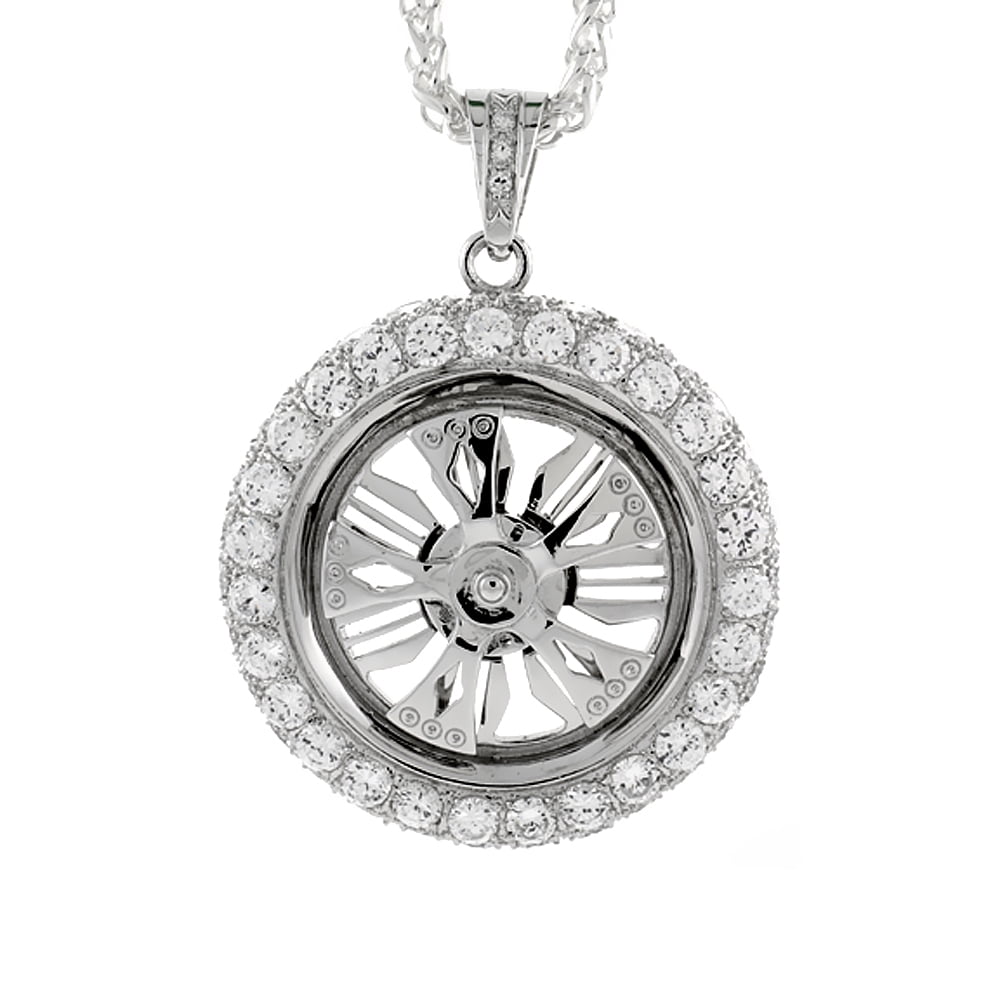 2 inch Sterling Silver CZ Iced Out Spinner Wheel Pendant for Men Hip ...