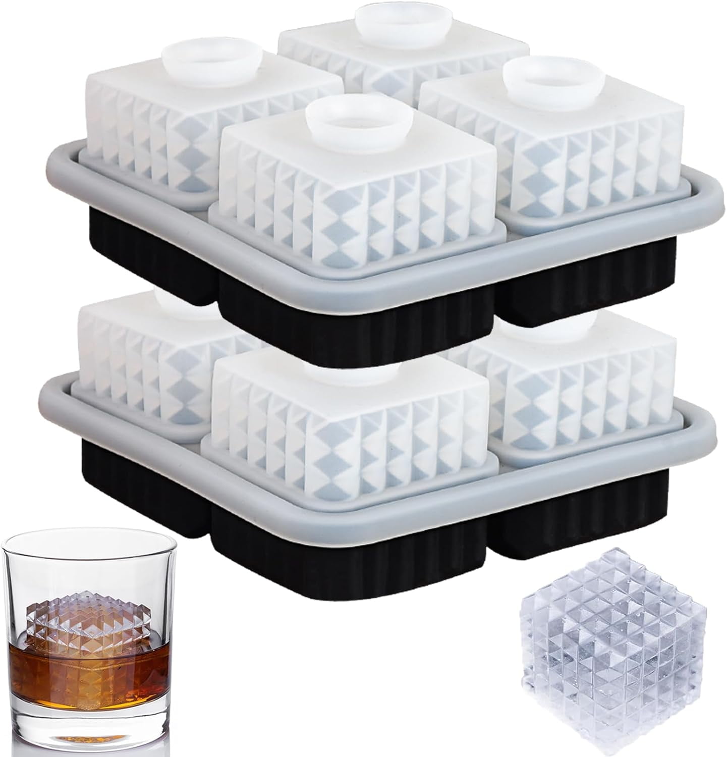 2-inch whiskey ice cubes mold,2 pack silicone ice cube trays with lid ...