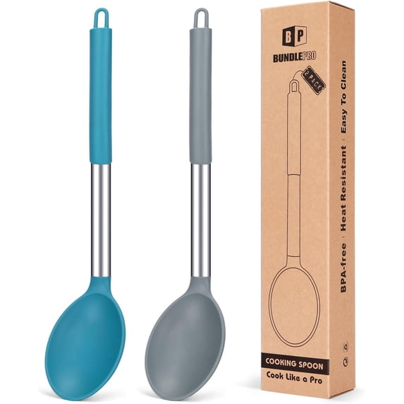 2 large silicone cooking spoon set, non-stick solid pouring spoon, heat ...