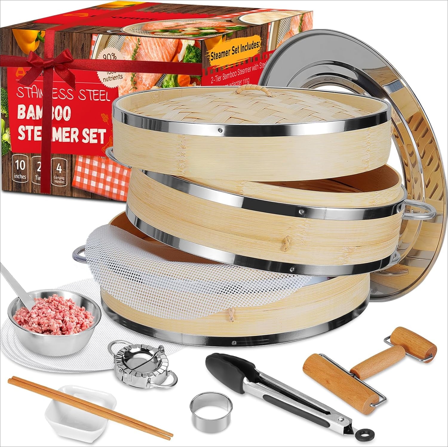 2-layer 10 inch bamboo steamer basket set, with reinforcement and ...