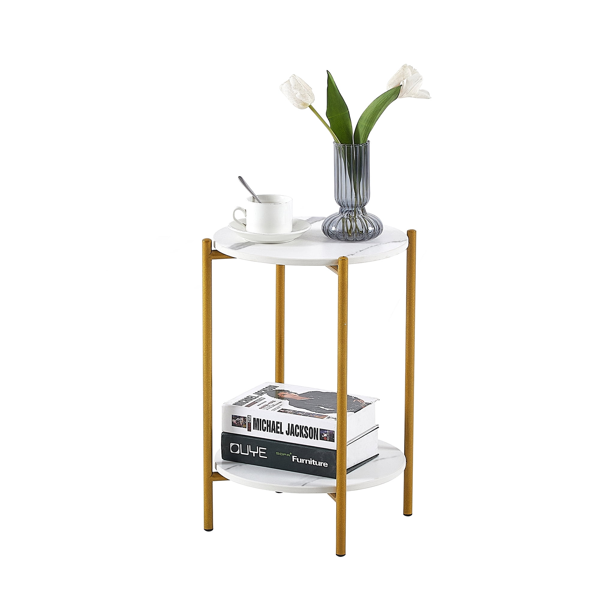 2-layer End Table with Whole Marble Tabletop, Round Coffee Table with ...