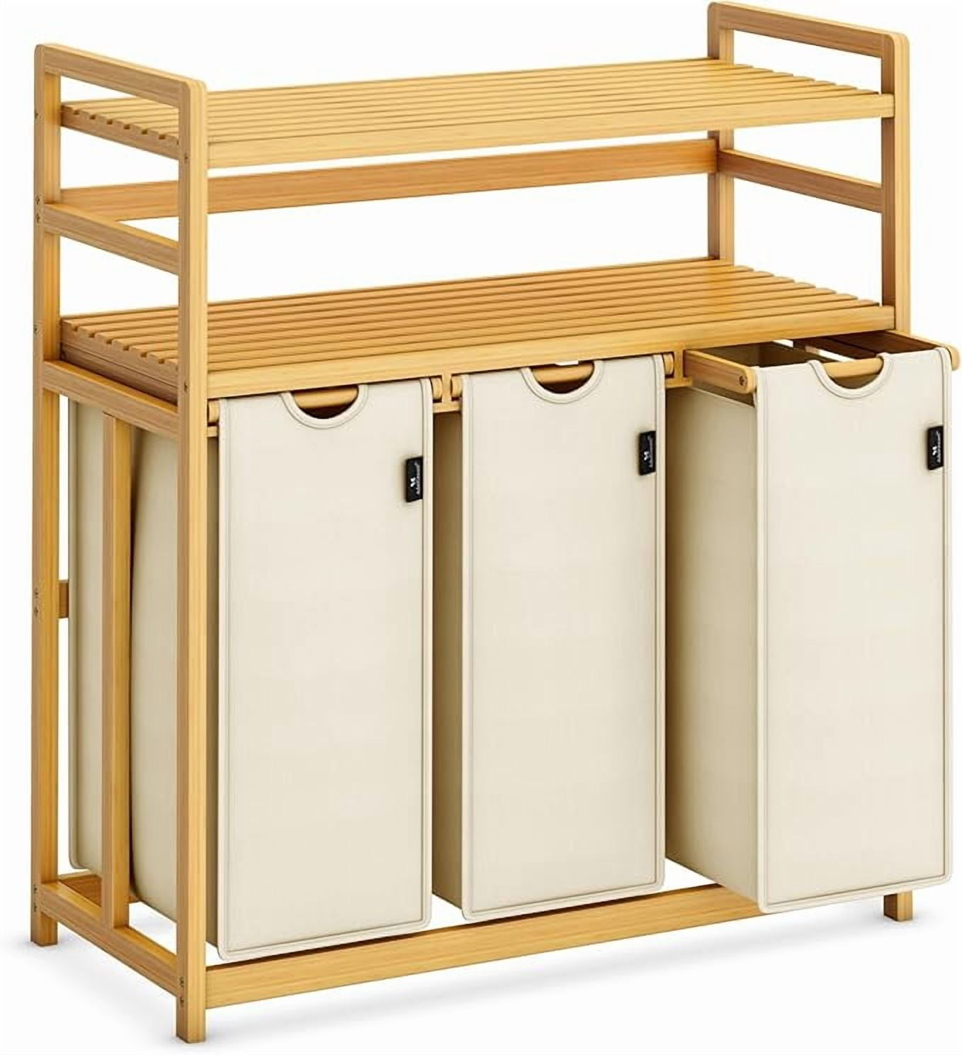 2-layer Laundry Hamper 3 Section Large Bamboo Laundry Sorter with Removable Bags -Three ...