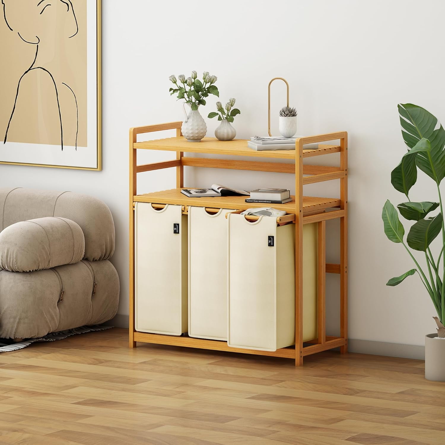 2-layer Laundry Hamper, 3 Section Large Bamboo Laundry Sorter with ...