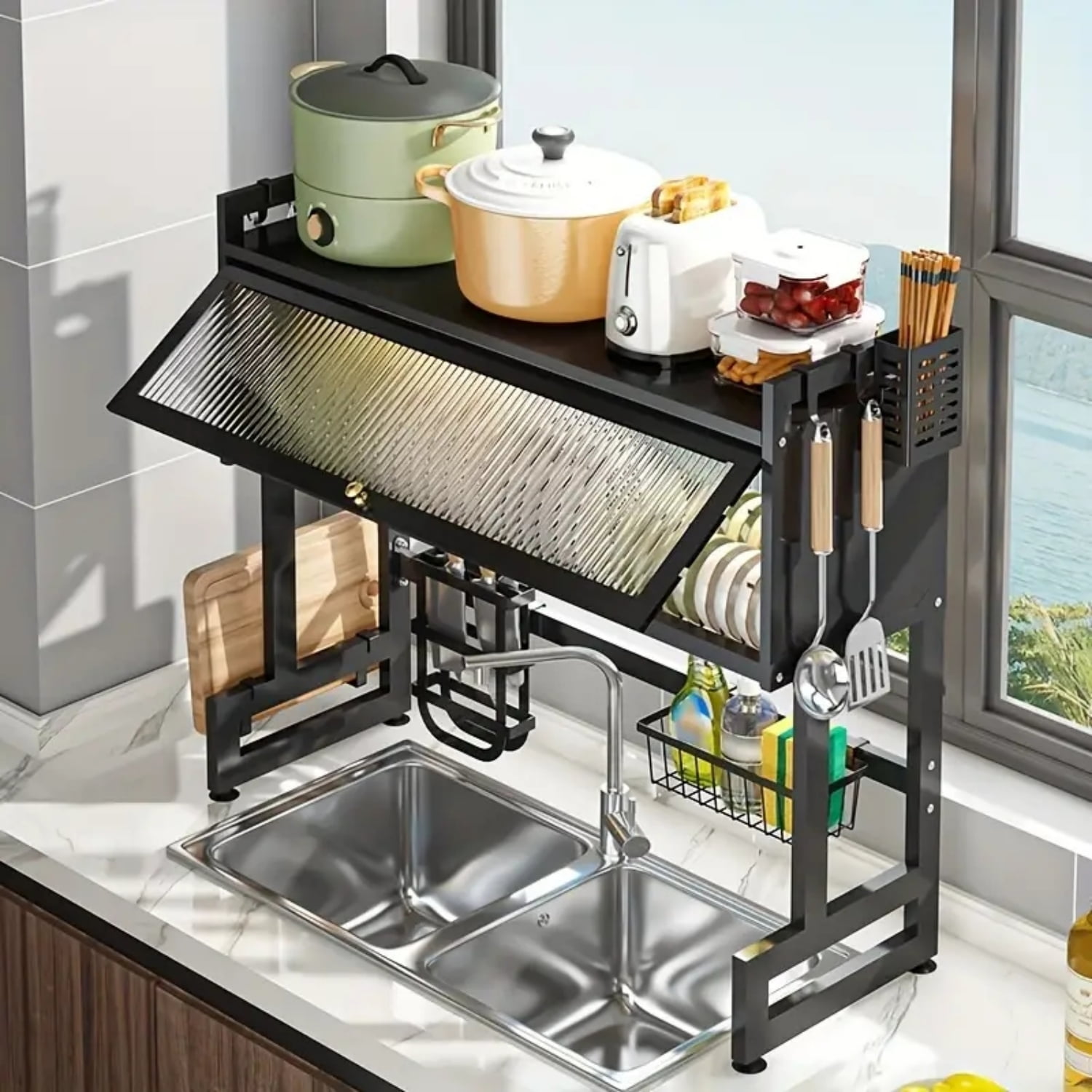 2-layer built-in dust cover dish rack suitable for kitchen countertops ...