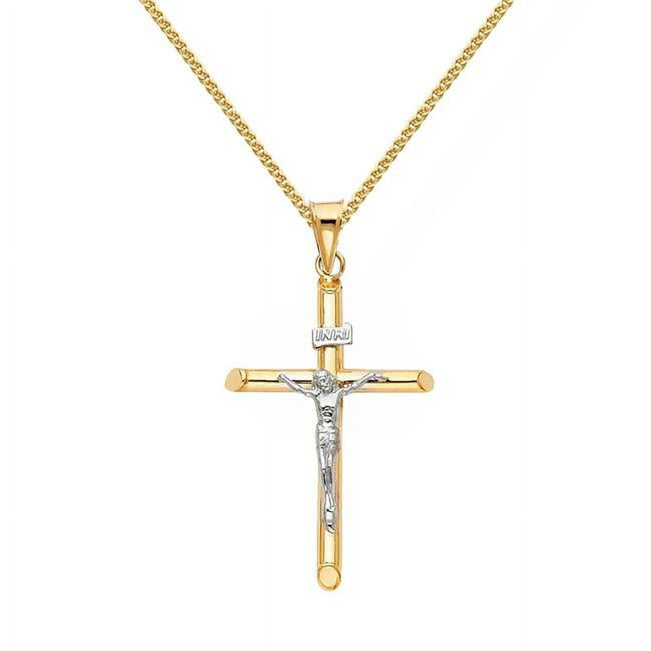 2 mm 14k Two-tone Solid Gold Crucifix Religious Pendant with Flat Wheat ...