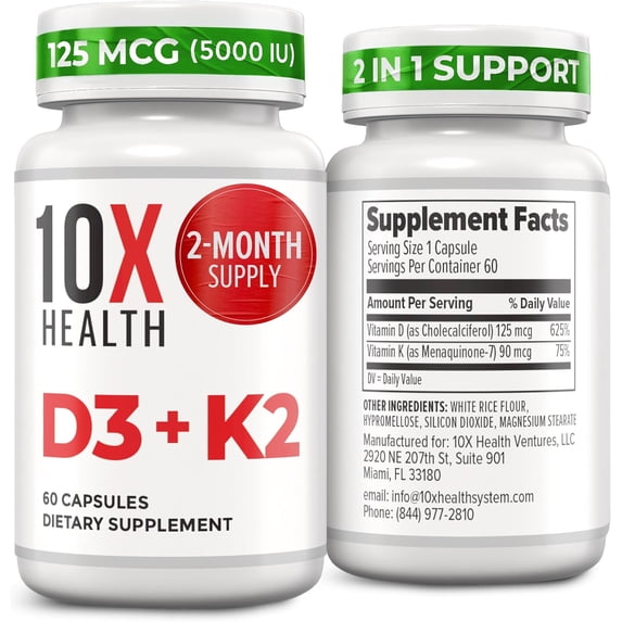 (2 pack) 10X Health Vitamin D3 K2 - Vitamin D3 5000 IU, Vitamin K2 90 ...