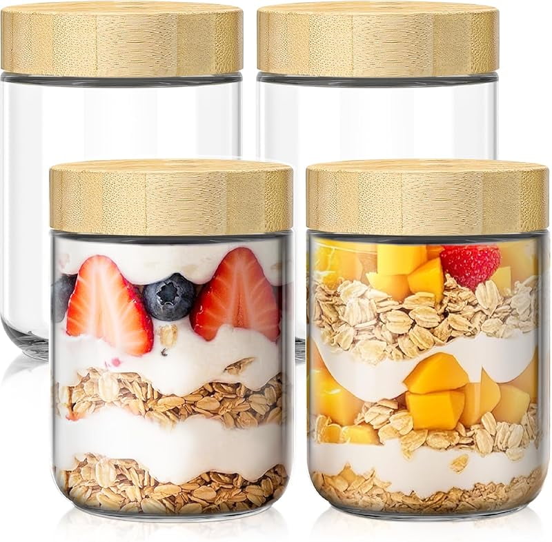 2 pack 10oz Overnight Oats Containers with Bamboo Lids, Glass Jars with Airtight Lids for Meal ...