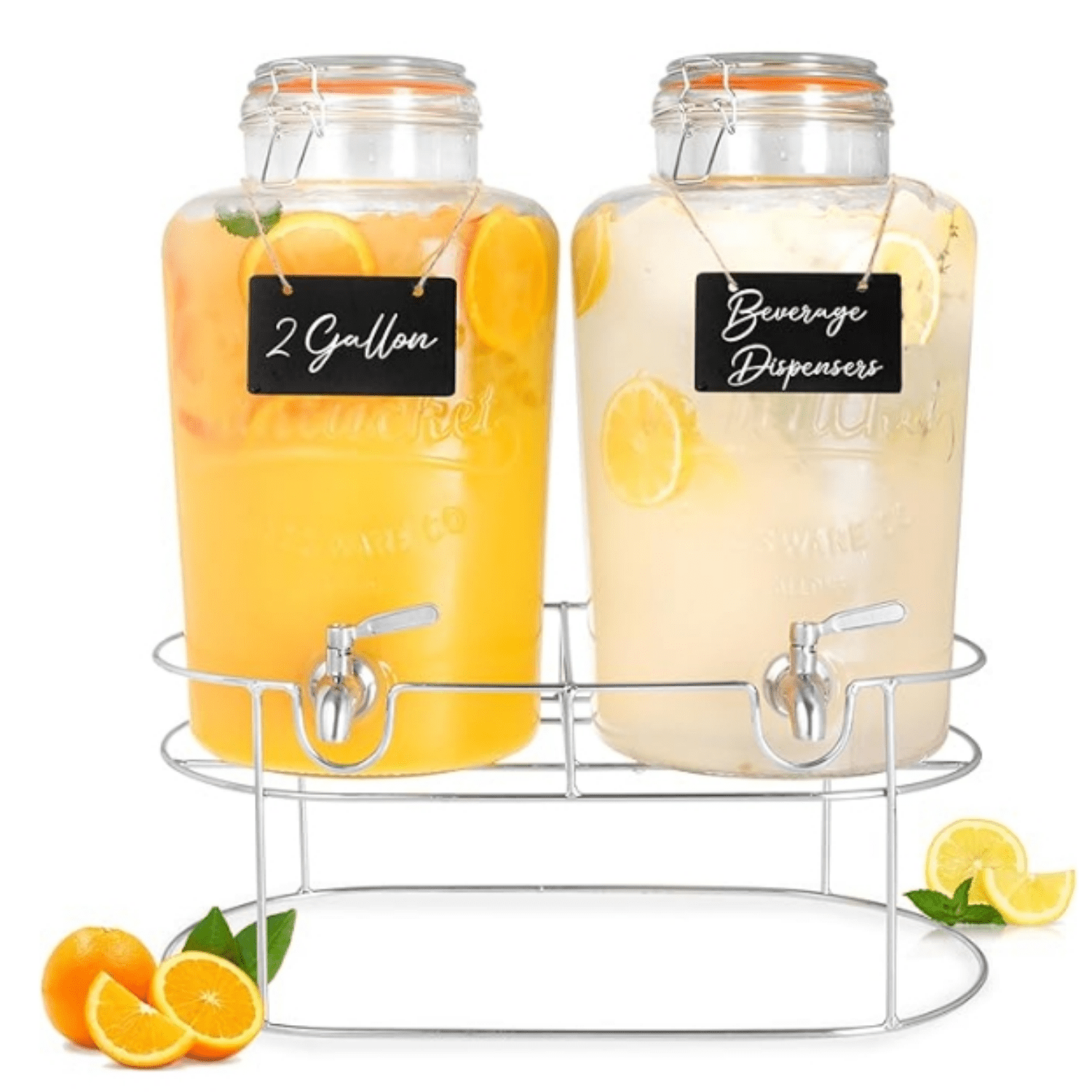 2 pack 2 Gallon Glass Beverage Dispenser with Stand- Wide Mouth Mason ...