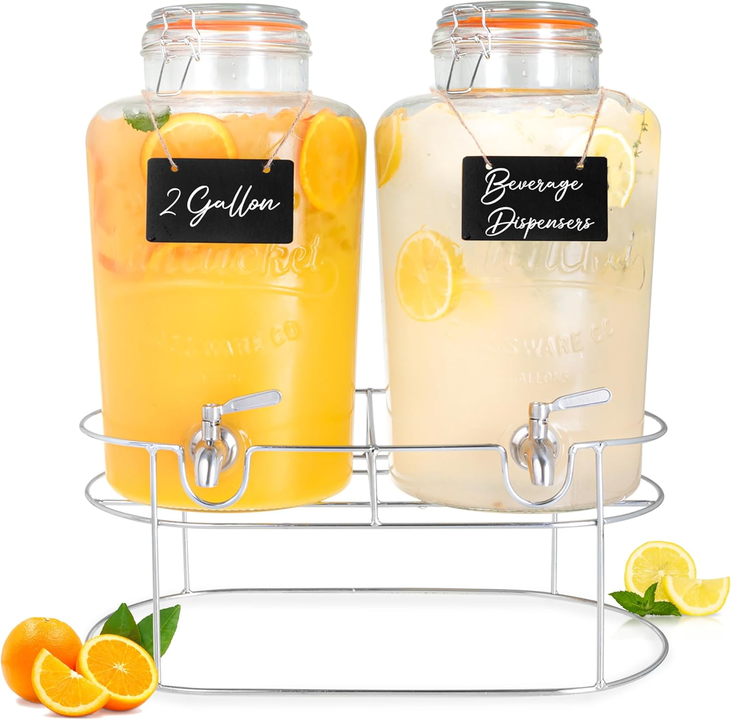 2 pack 2 Gallon Glass Beverage Dispenser with Stand- Wide Mouth Mason ...