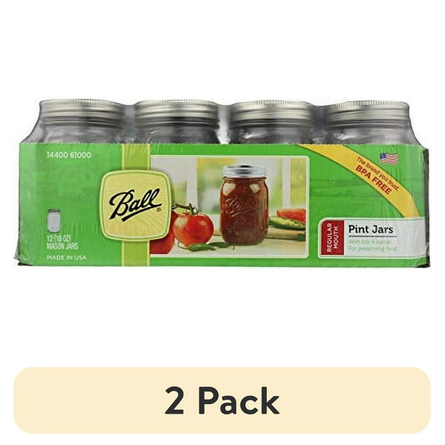 (2 pack) Ball Regular Mouth 16 oz Pint Mason Jars with Lids & Bands, 12 ...