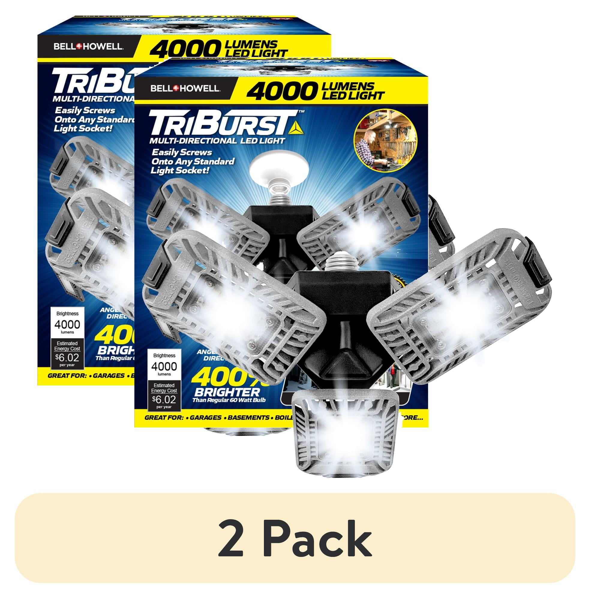(2 pack) Bell and Howell TriBurst LED Garage Light Bulb 3 Panel 4000 ...