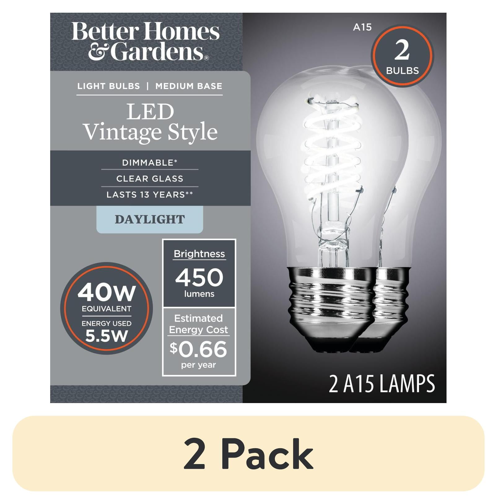 (2 pack) Better Homes & Gardens A15 Vintage LED Light Bulb, 40 Watts ...