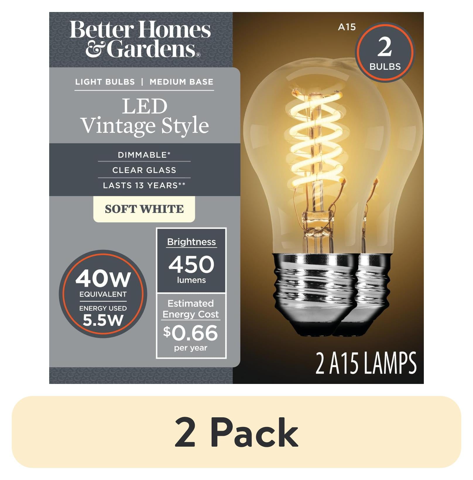 (2 pack) Better Homes & Gardens A15 Vintage LED Light Bulb, 40 Watts ...