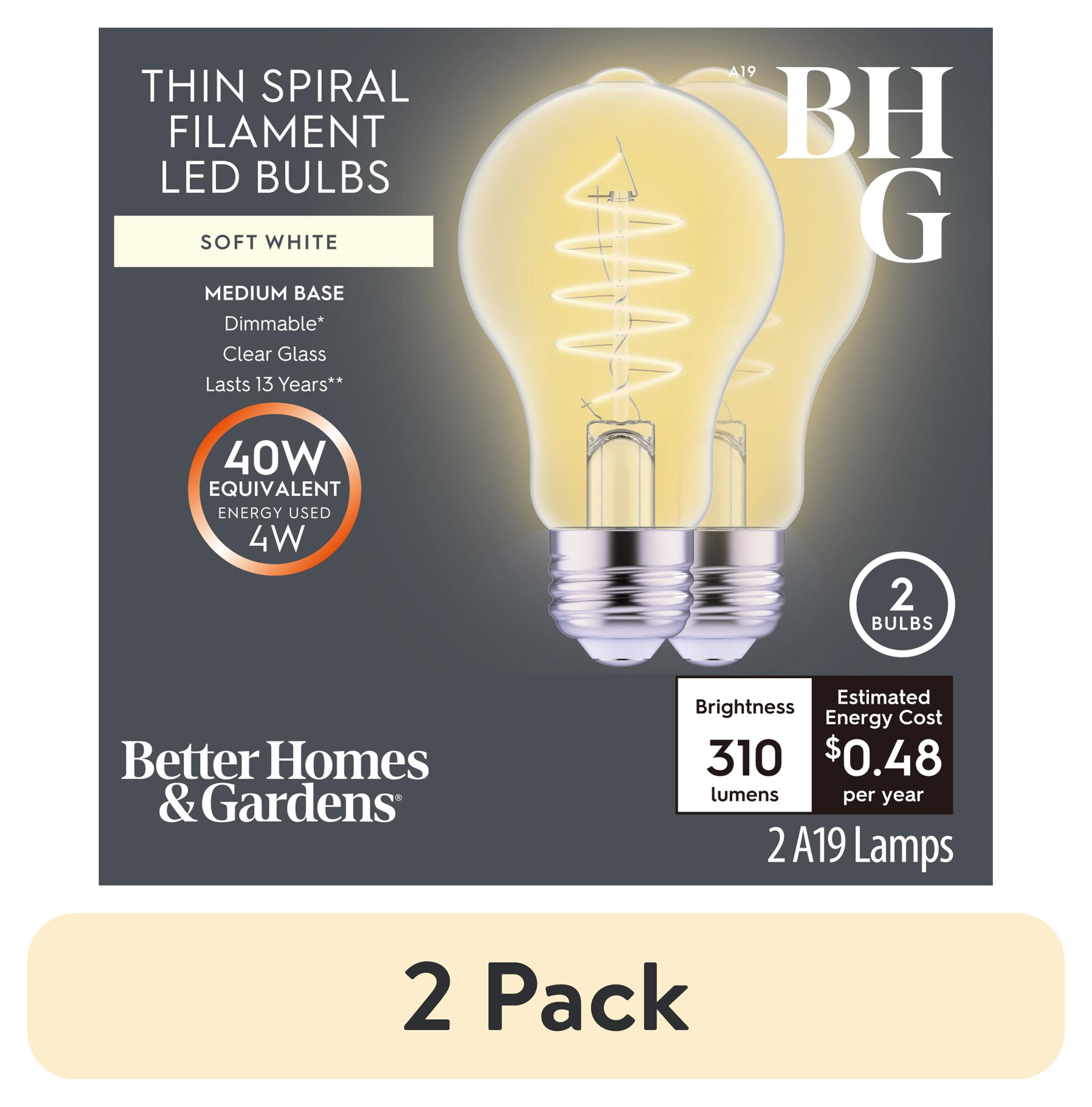 (2 pack) Better Homes & Gardens A19 LED Vintage Light Bulb, 4 Watts ...
