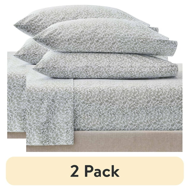 (2 pack) Better Homes & Gardens Cool & Crisp 4-Piece 300 Thread Count Soft Silver Botanical ...