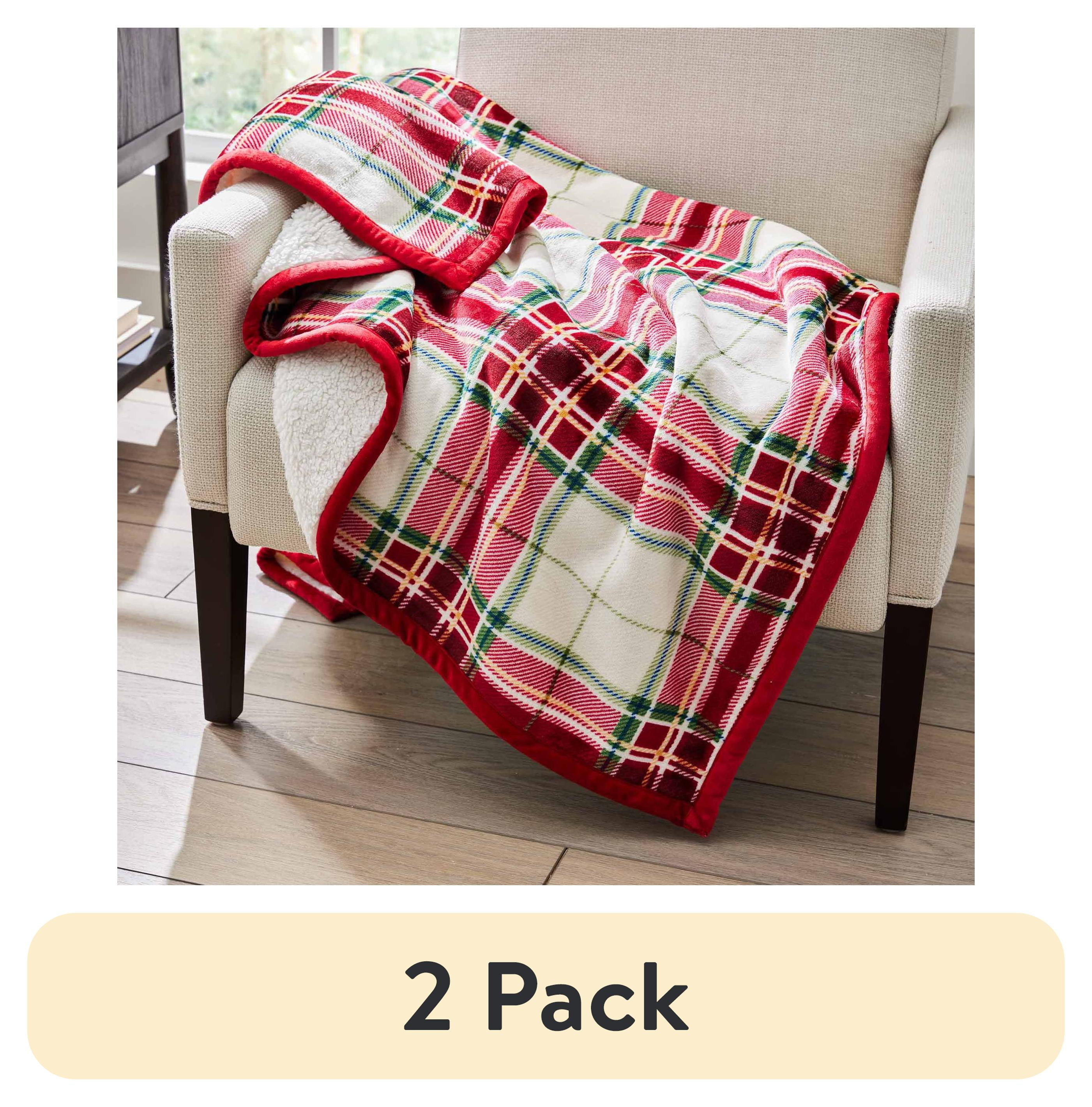 (2 pack) Better Homes & Gardens Printed Reverse Faux Shearling Adult Throw, 50” x 60”, Red ...