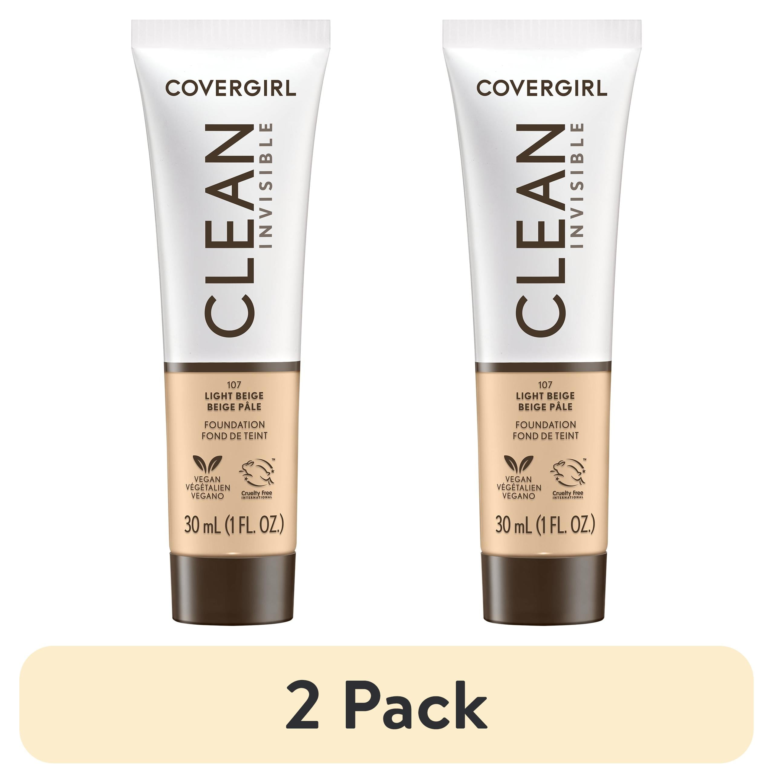 (2 pack) COVERGIRL Clean Invisible Liquid Foundation, 107 Light Beige ...