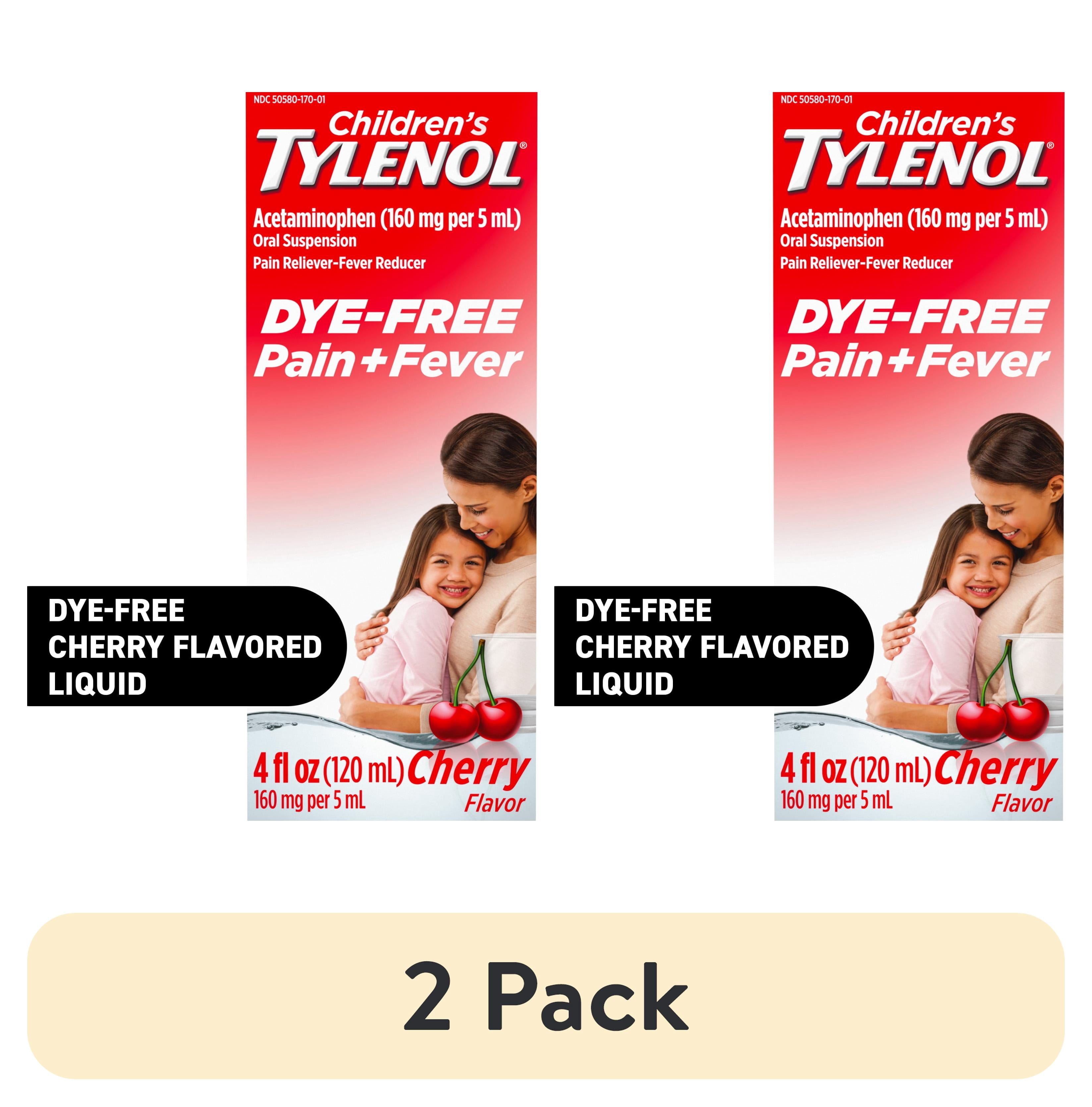 (2 pack) Children's Tylenol Pain + Fever Medicine, Dye-Free, Cherry, 4 ...