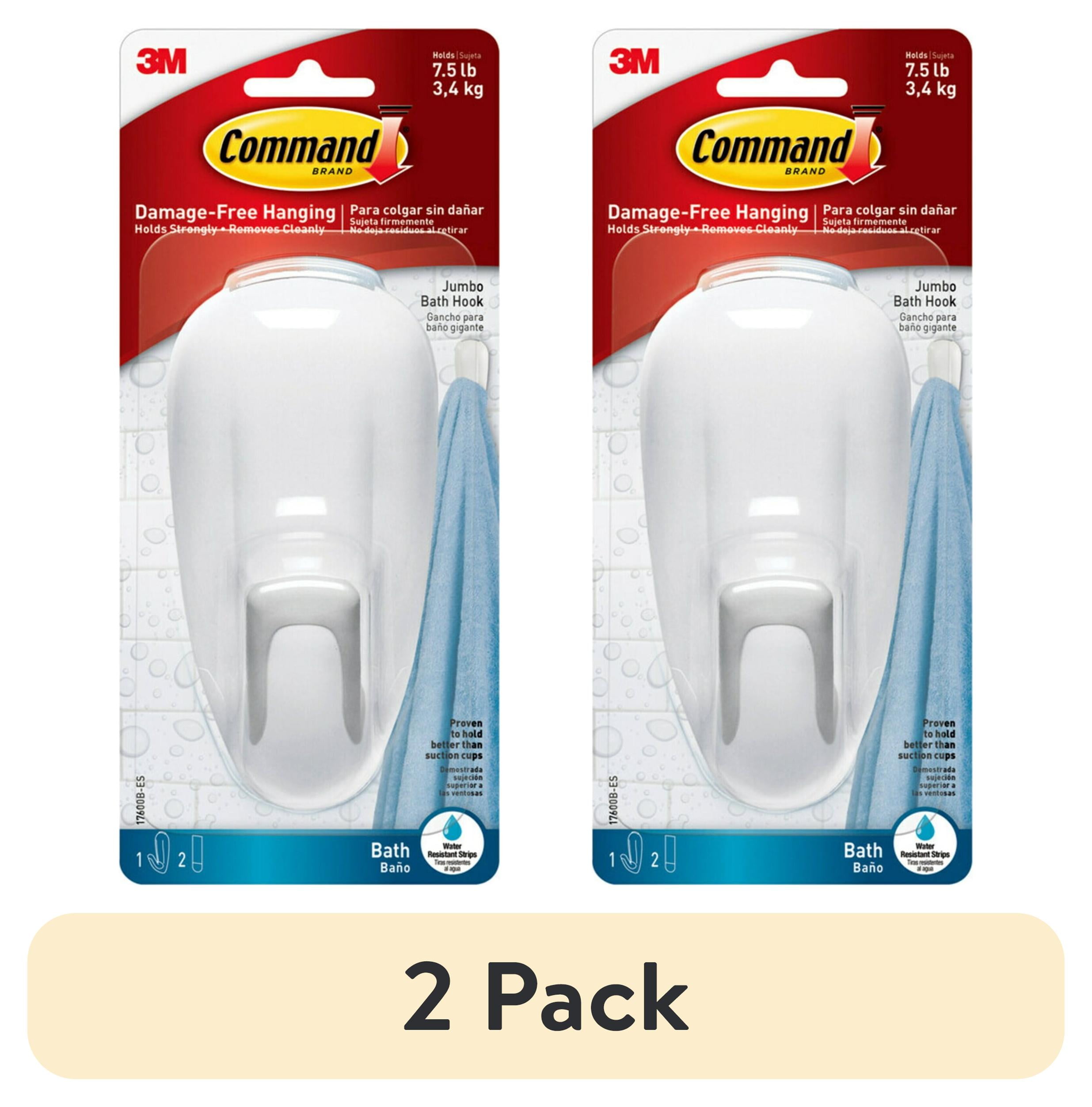 (2 pack) Command Bath Hook, White, Large, 1 Wall Hook, 2 Water Resistant Strips, Hang Robes or ...