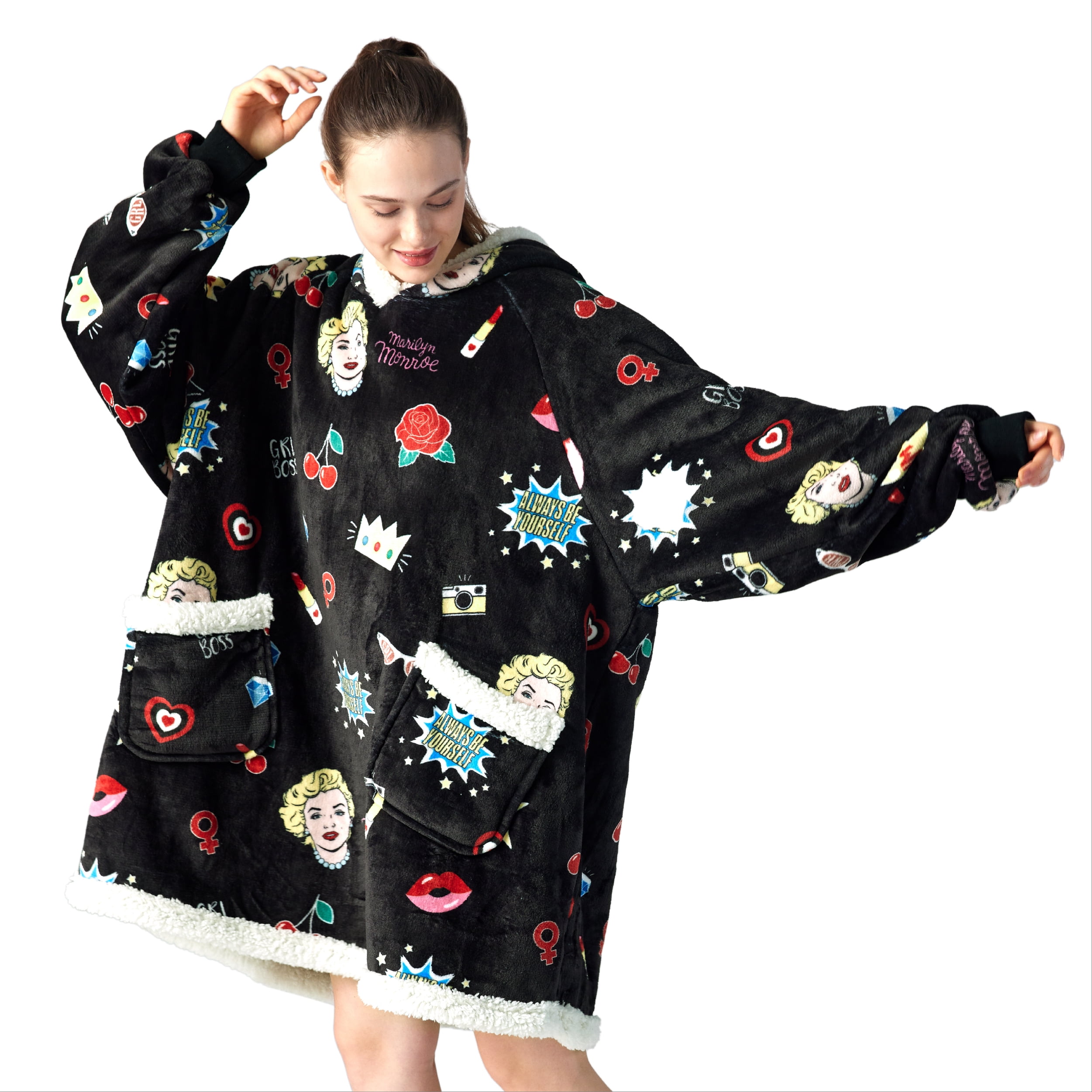 (2 pack) Cozy Comfort Hoodie, Black, Sherpa Fleece Wearable Blanket Pop ...