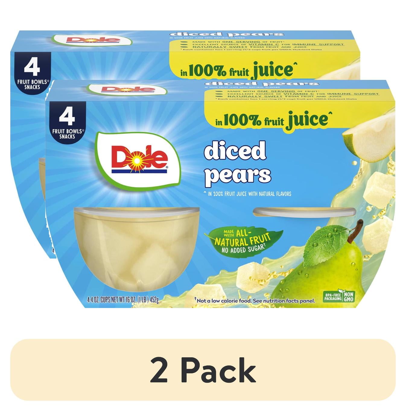 (2 pack) Dole Fruit Bowls Diced Pears in 100% Fruit Juice, 4 oz Cups (4 ...