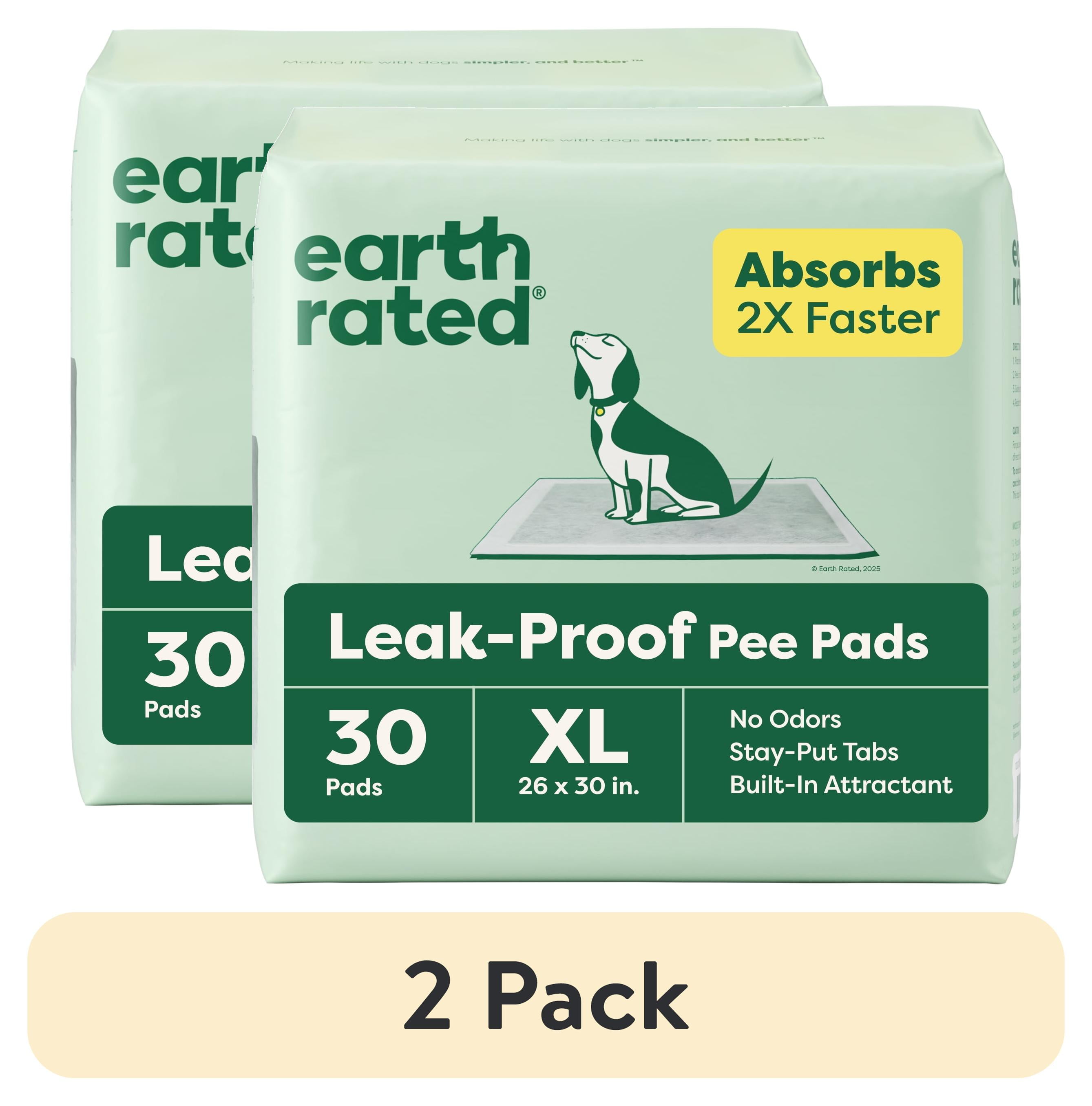 (2 pack) Earth Rated Leak-Proof Pee Pads, XL 26"x30", Unscented, 30 ...