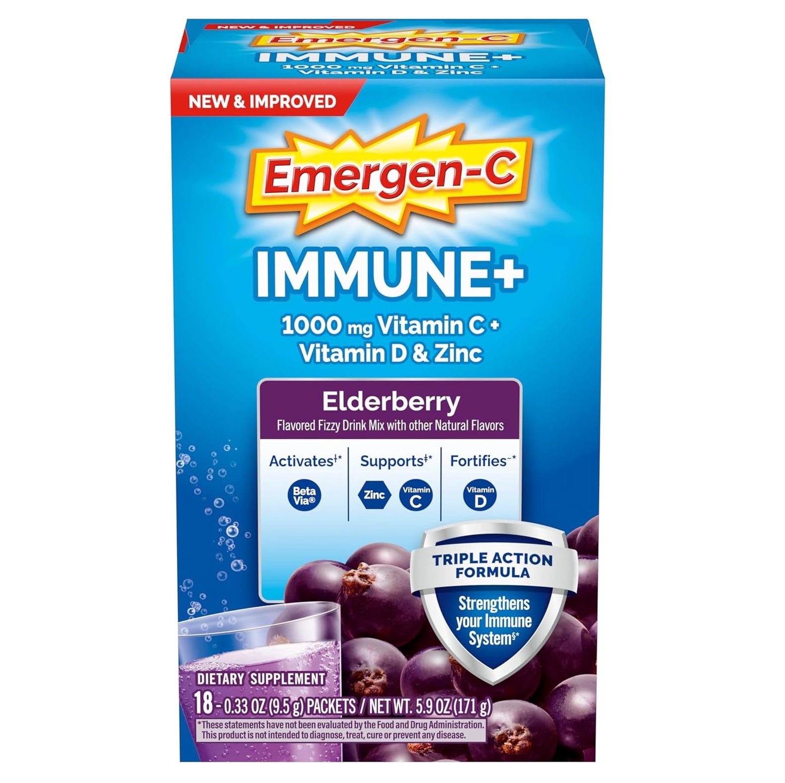 (2 pack) Emergen-C Immune Plus Vitamin C Supplement Powder, Elderberry ...