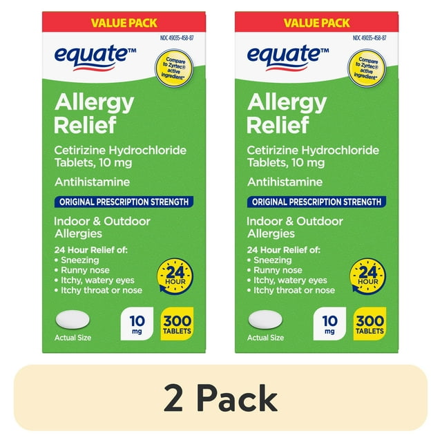 (2 pack) Equate 24 Hour Allergy, Cetirizine Hydrochloride Tablets, 10 ...