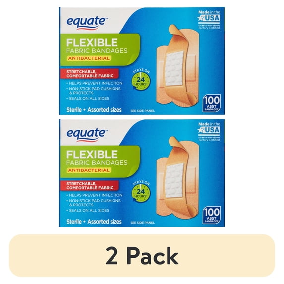 (2 pack) Equate Antibacterial Flexible Fabric Bandages, 100 Count ...