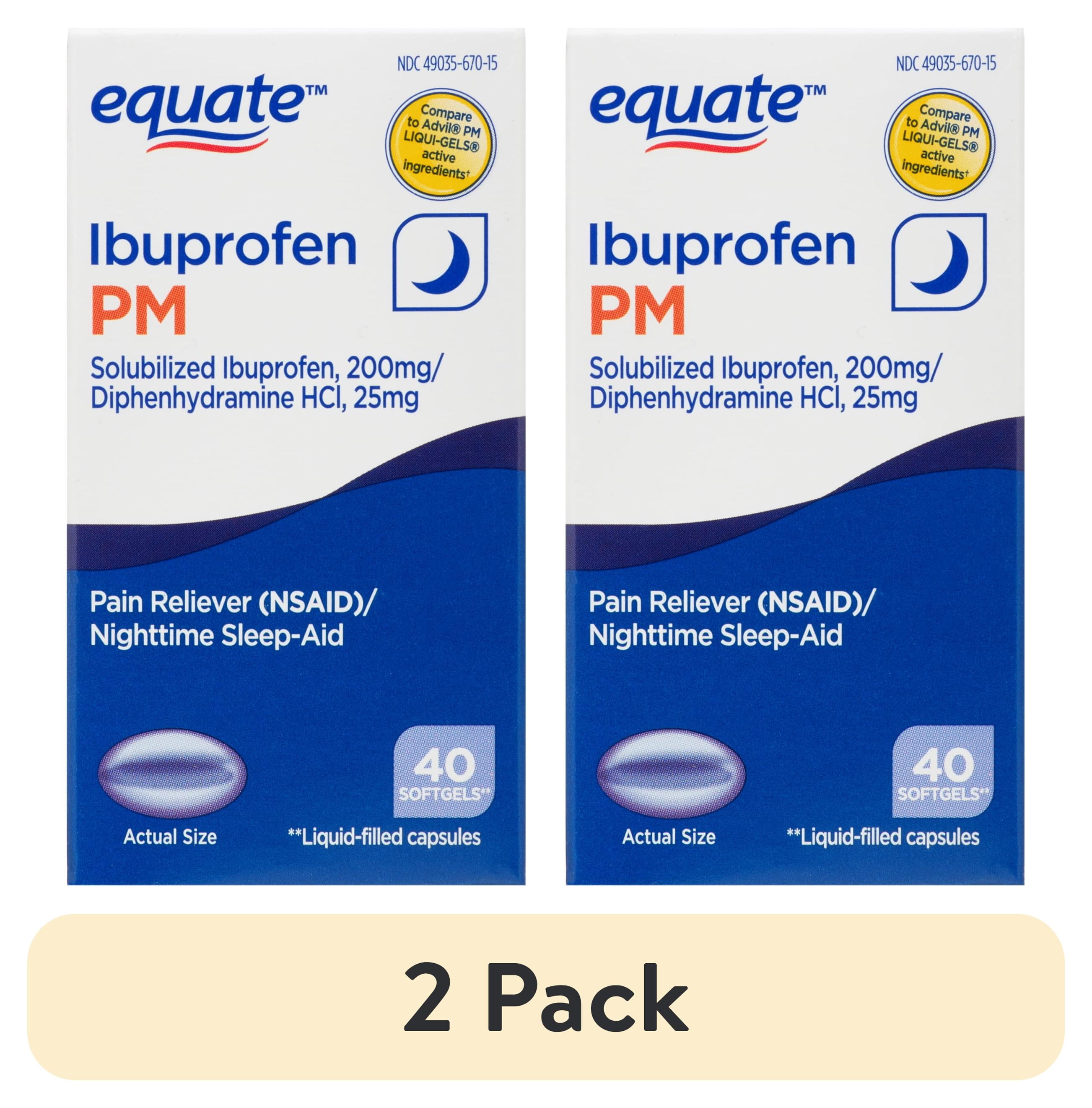(2 pack) Equate Ibuprofen PM Softgels, Solubilized Ibuprofen 200mg ...