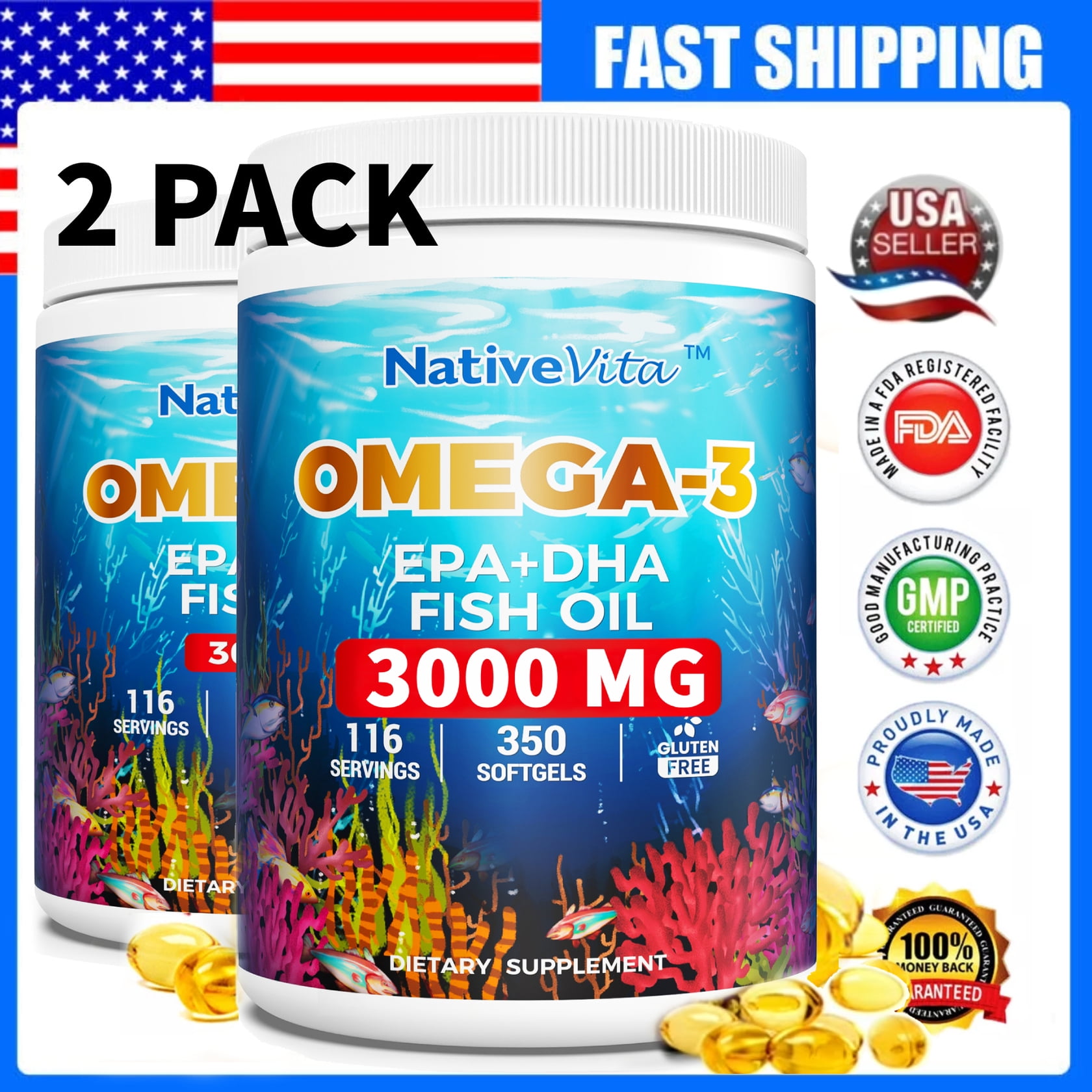 (2 pack) Fish Oil 3000mg, Omega 3 Fish Oil Supplements with 540mg EPA ...