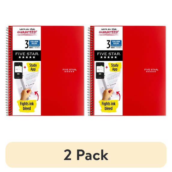 (2 pack) Five Star Spiral Notebook + Study App, 3 Subject, College ...