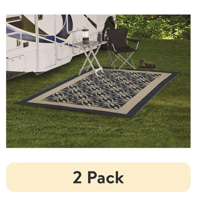 (2 pack) Floral Harmony Reversible RV & Patio Mat 9' x 12' – Blue & Tan ...
