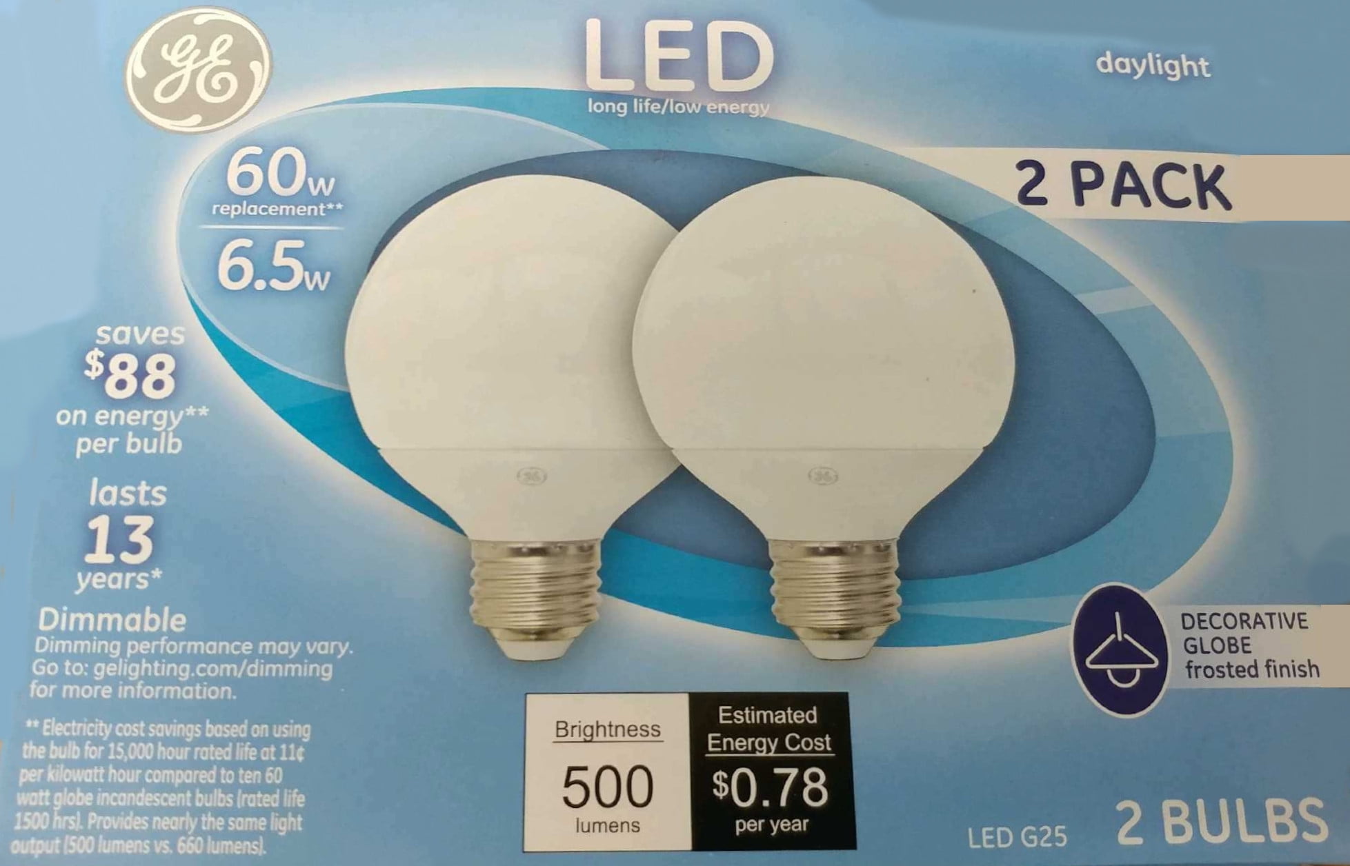 GE Lighting Frosted G25 LED Globe Bulbs, 2 Pack, 60W Equivalent ...