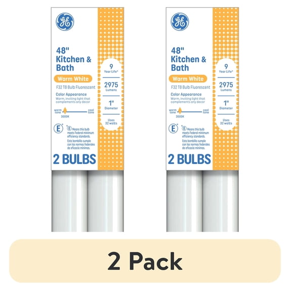 (2 pack) GE Fluorescent Tube Light Bulbs, 32 Watt, Warm White, 48in, T8 ...