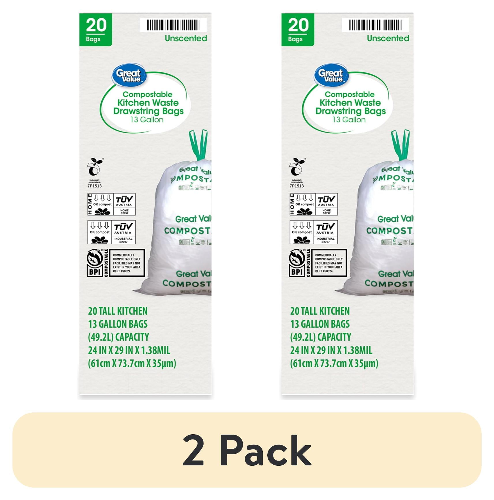 (2 pack) Great Value 13-Gallon Compostable Drawstring Kitchen Waste ...