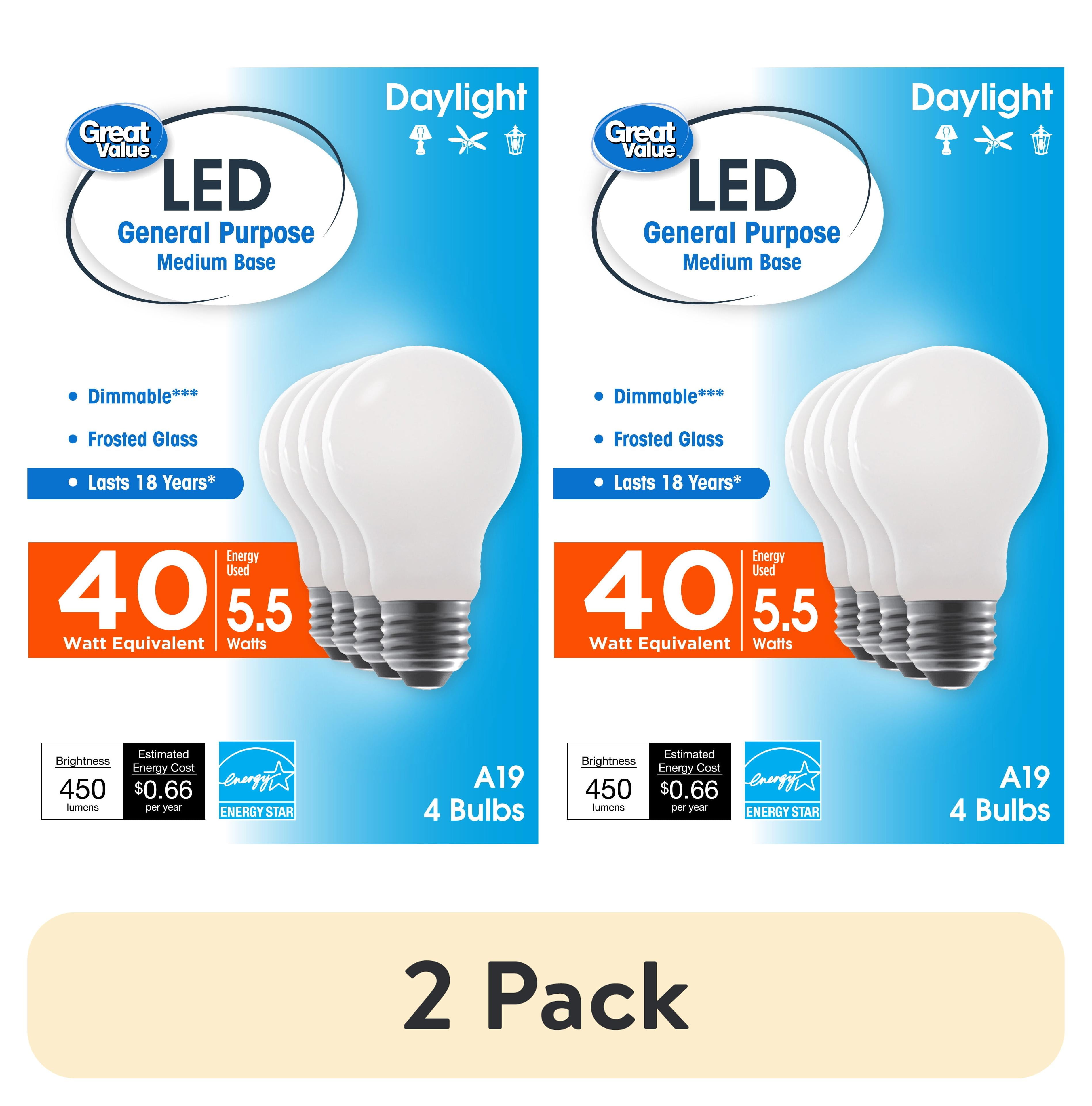(2 pack) Great Value 18 Year LED Light Bulbs, A19 40 Watts Eqv, E26 ...
