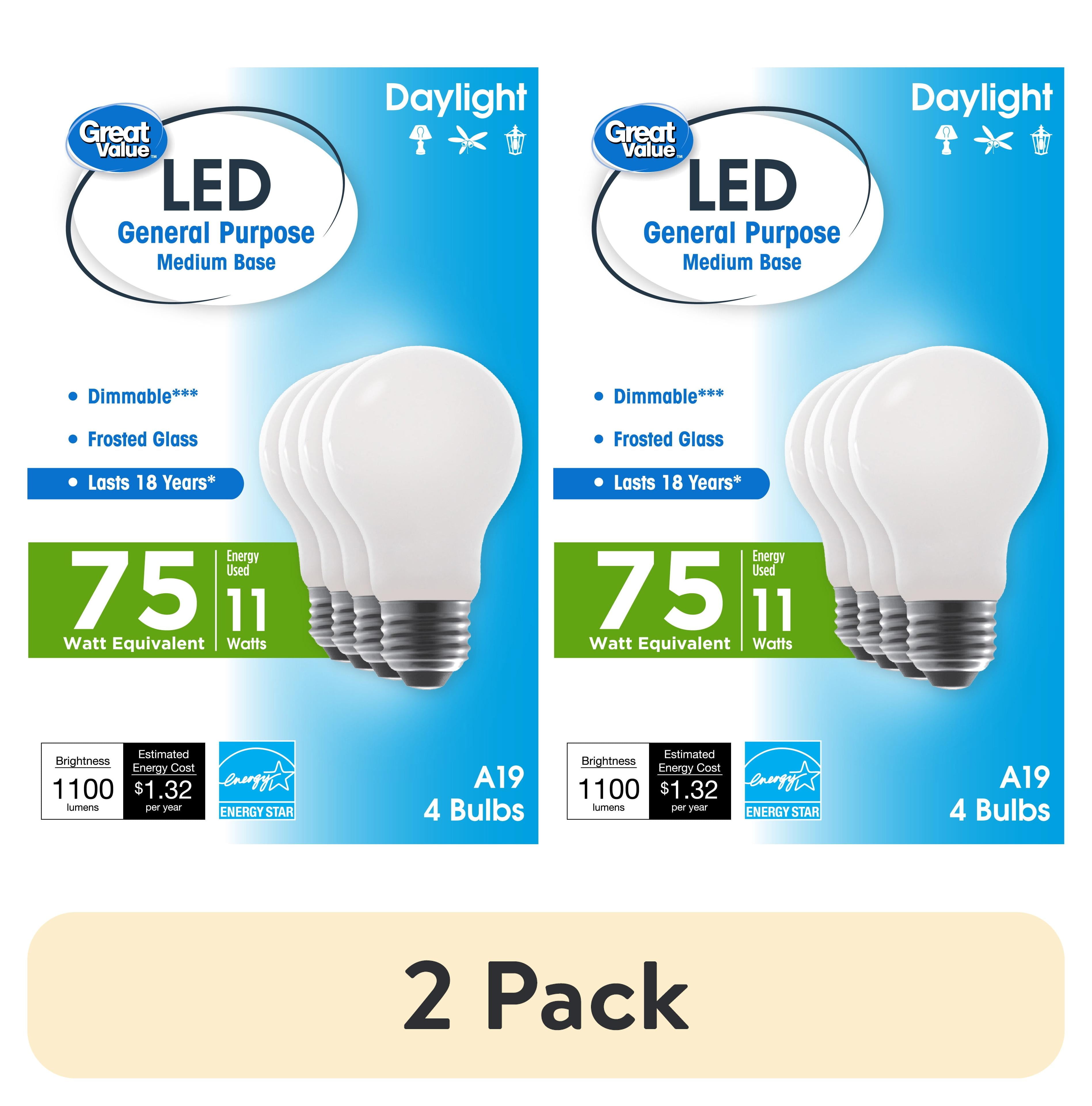 (2 pack) Great Value 18 Year LED Light Bulbs, A19 75 Watts Eqv, E26 ...