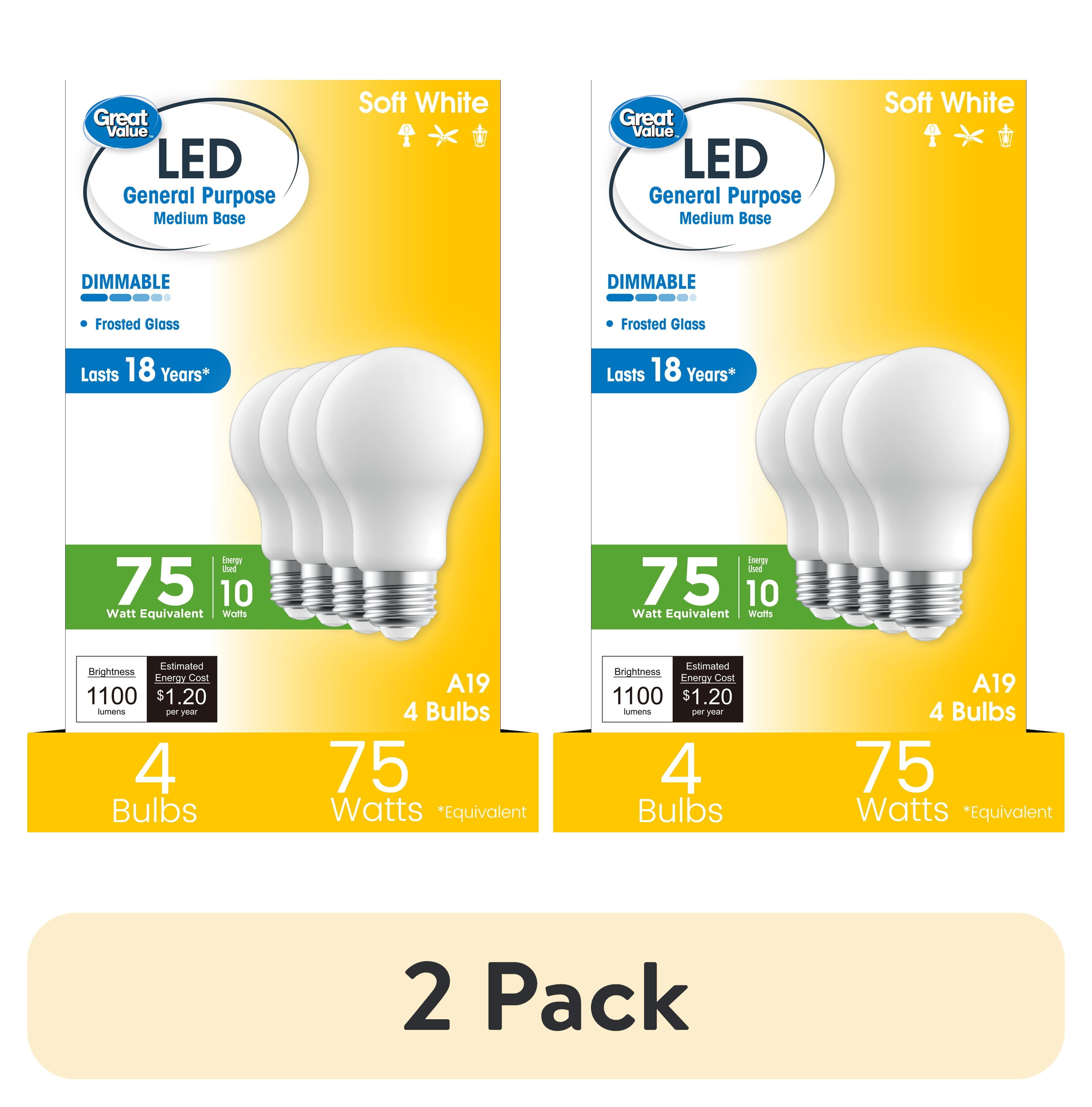 (2 pack) Great Value 18YR A19 LED Light Bulb, 10W (75W Equivalent ...