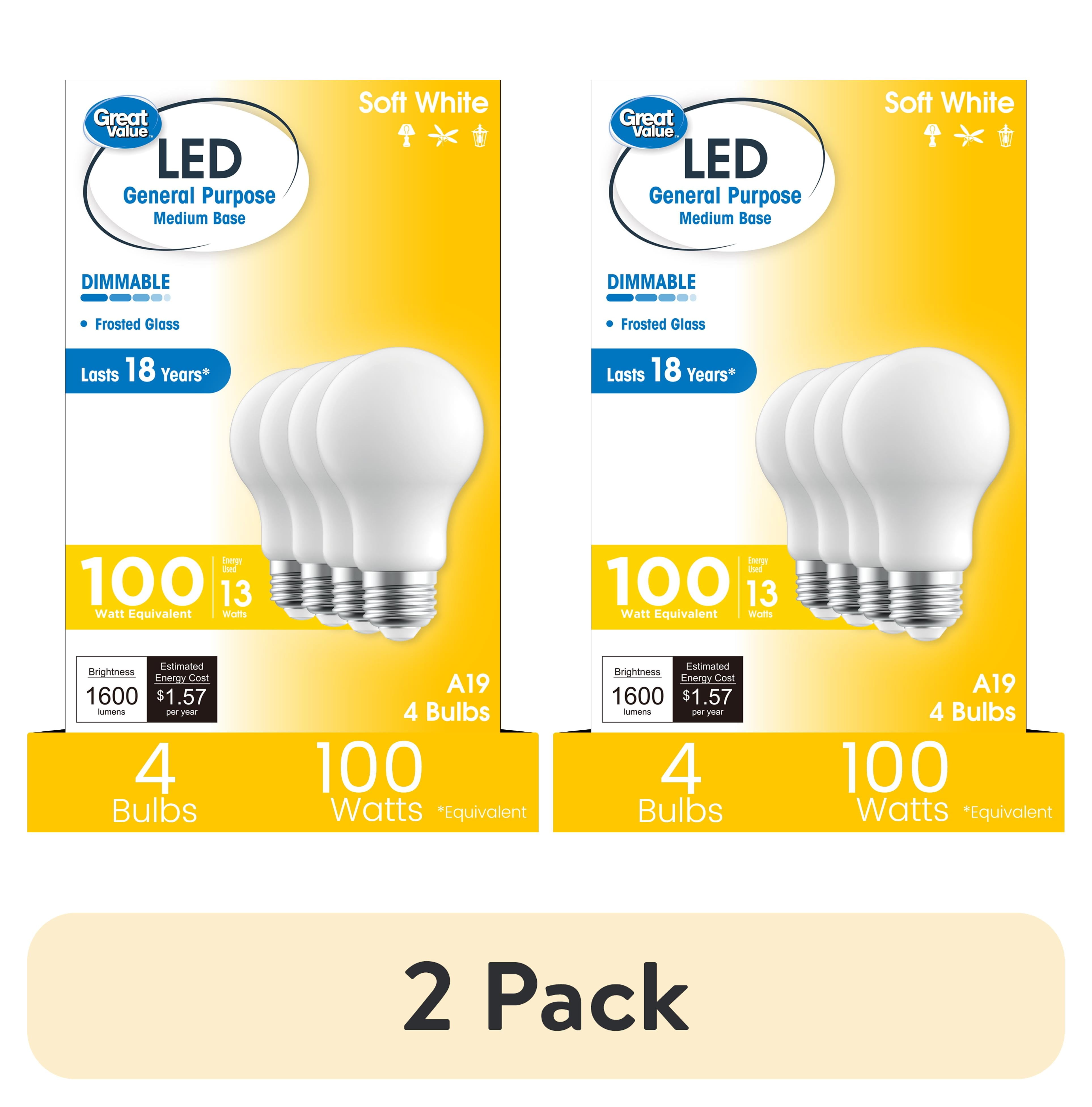 (2 pack) Great Value 18YR A19 LED Light Bulb, 13W (100W Equivalent ...