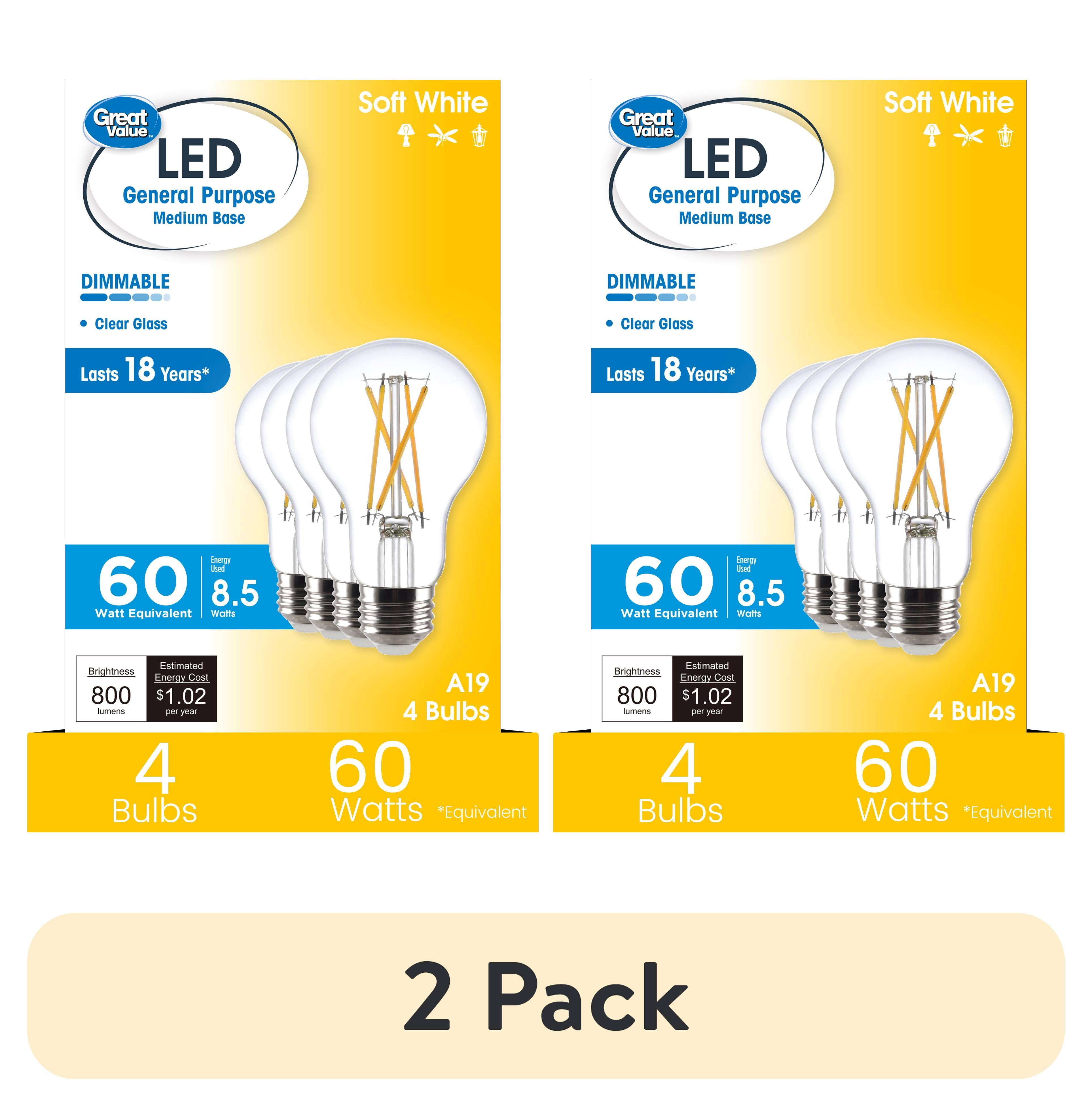 (2 pack) Great Value 18YR A19 LED Light Bulb, 8.5W(60W Equivalent ...
