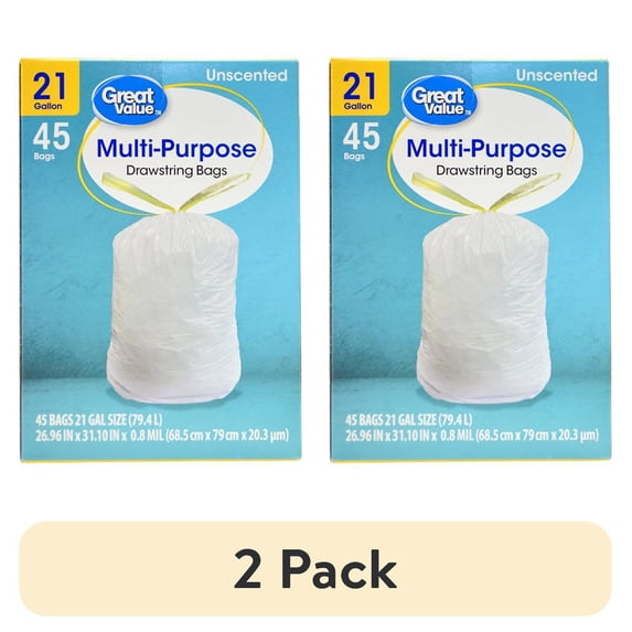 (2 pack) Great Value 21 Gallon Drawstring Trash Bag, Unscented, 45 Bags ...