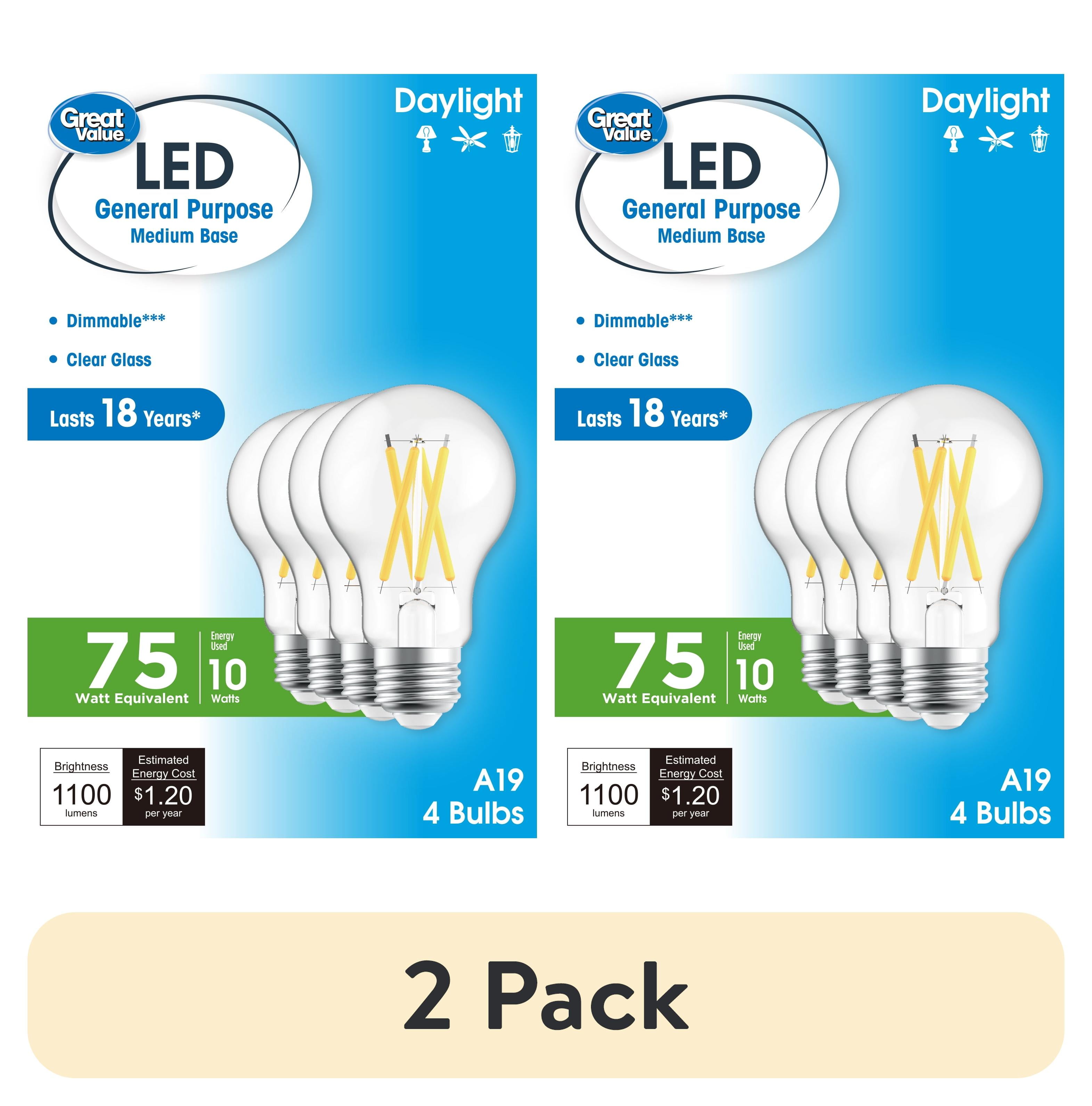 (2 pack) Great Value A19 LED Light Bulb, 10W (75W Equivalent) Dimmable ...